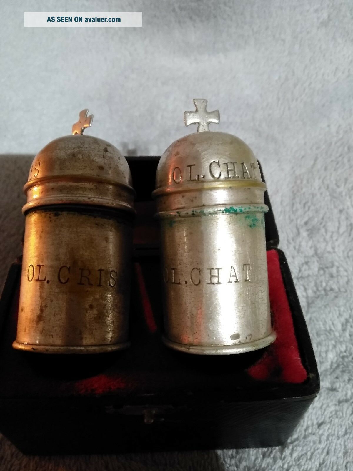 Vintage Rare CATHOLIC SACRISTY HOLY OIL STOCK COMPLETE Set FITTED CASE ...
