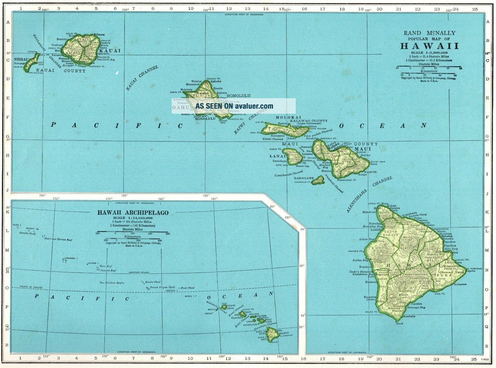 1942 Antique HAWAII Map Vintage 1940 ' S Map Of Hawaii Hawaiian Islands ...