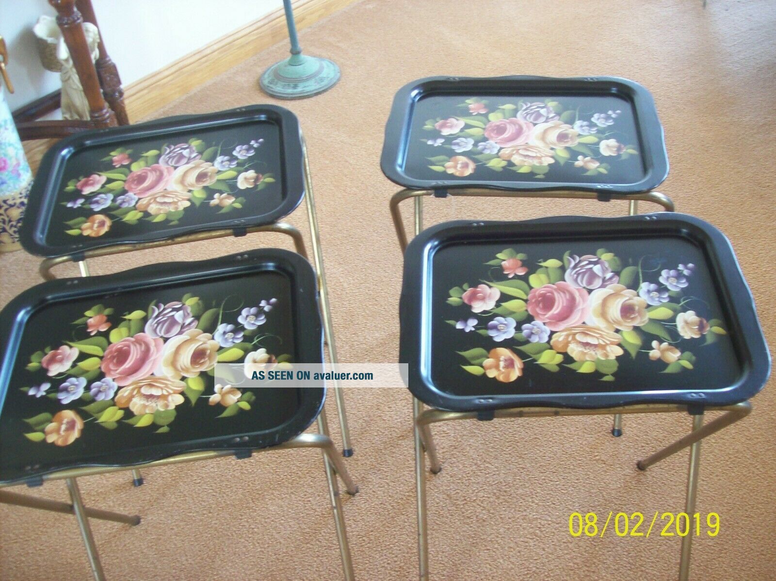 Set Of 4 Vintage MCM Floral Rose Toleware Black Folding TV Snack Trays ...