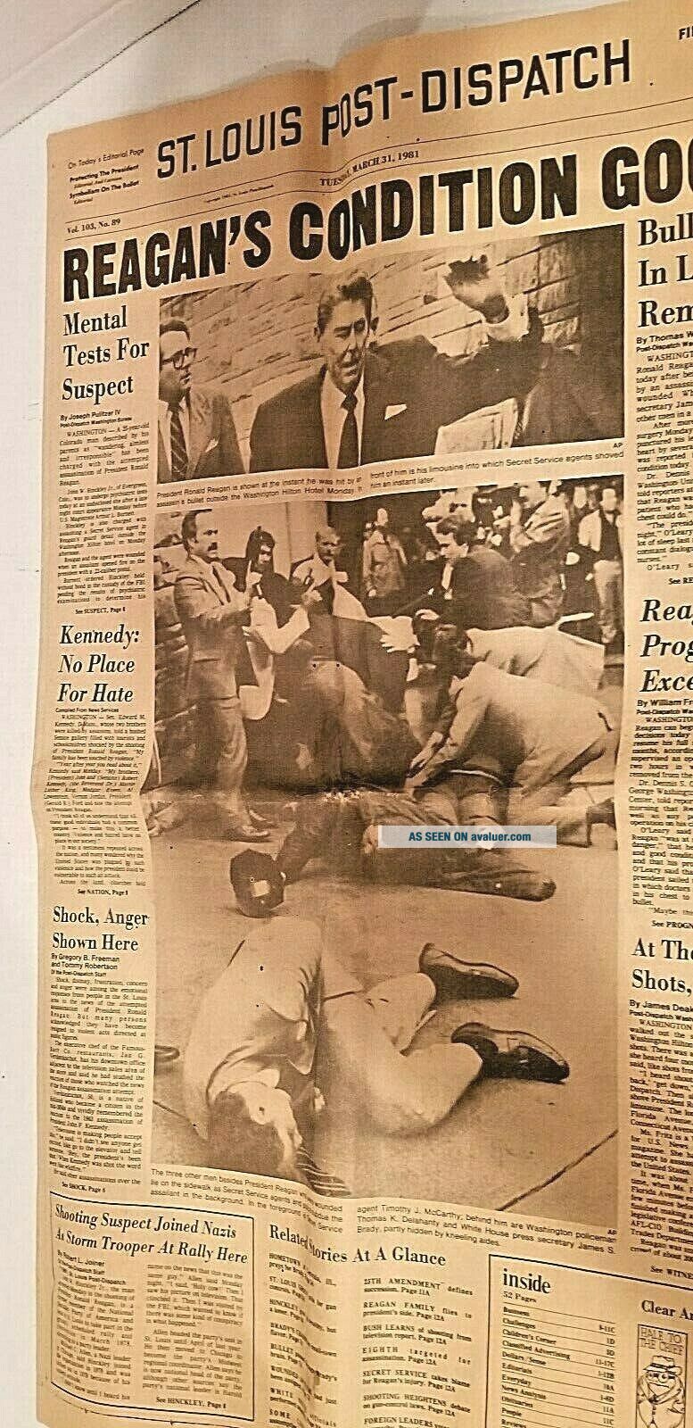 ST LOUIS POST - DISPATCH NEWS PAPER MARCH 31 1981 REAGAN SHOT GOOD ...