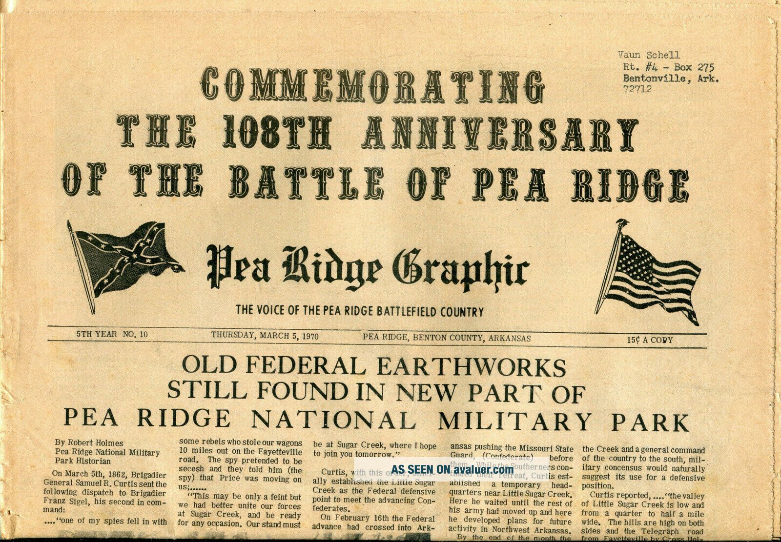 1970 108th Anniversary Civil War Battle Of Pea Ridge Arkansas Newspaper ...