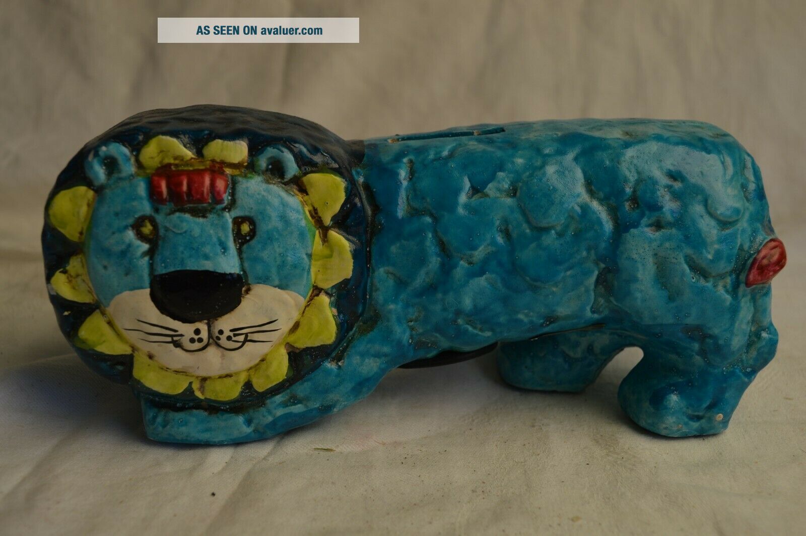 RARE VINTAGE GEORGES BRIARD BLUE LION CERAMIC BANK COIN STILL MID ...