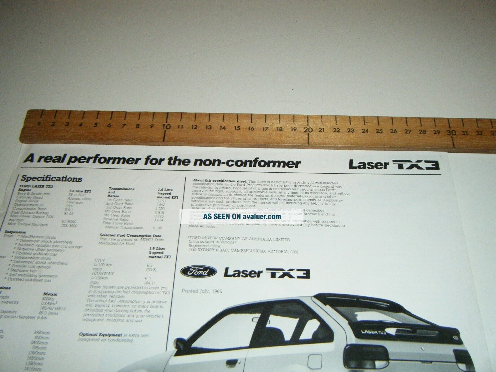 Vintage 1986 FORD LASER TX3 Car Dealers Sales Spec Sheet | #4324262