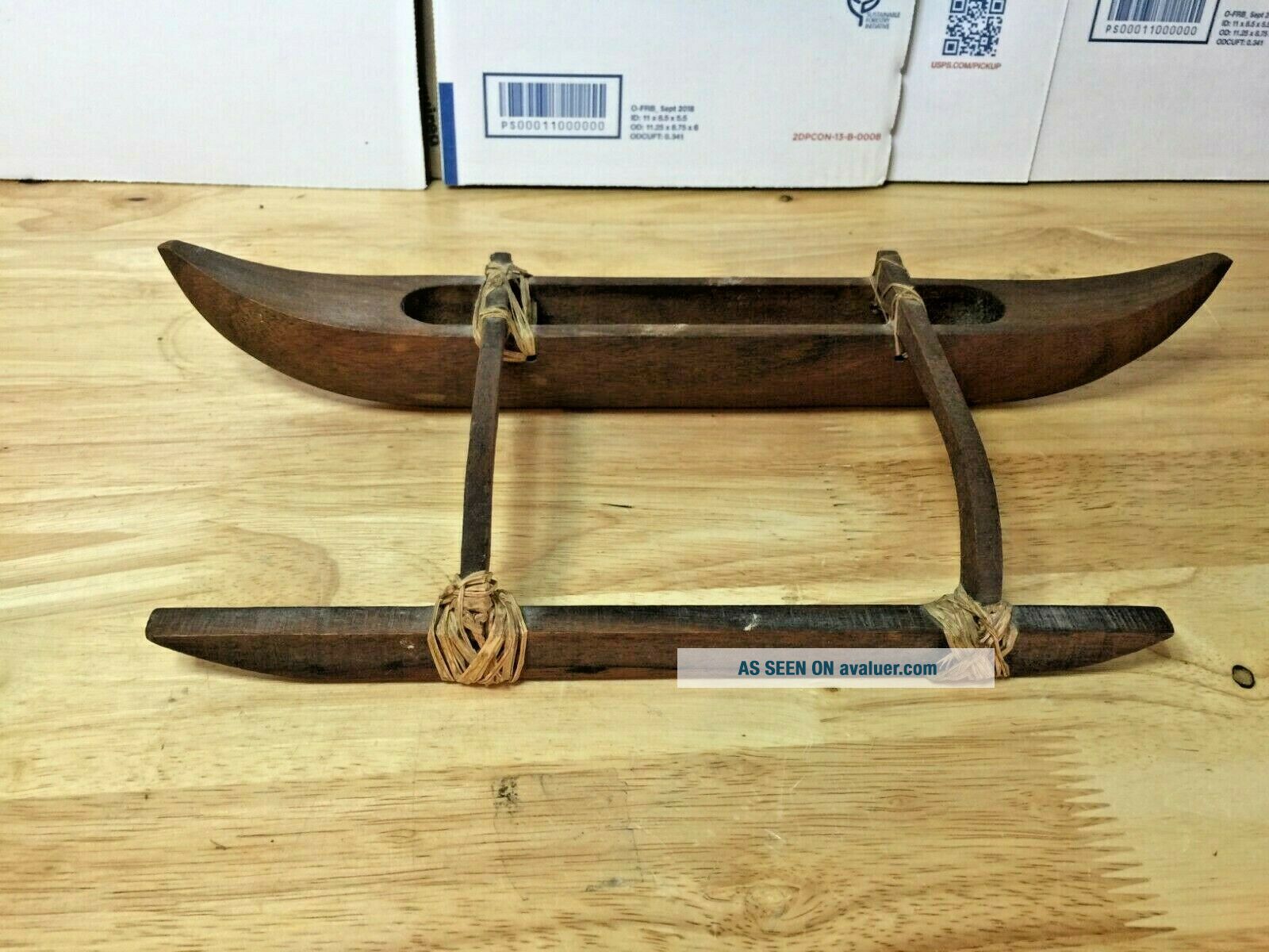 Antique Mini Wood Outrigger Canoe With Jute Ties | #4344506