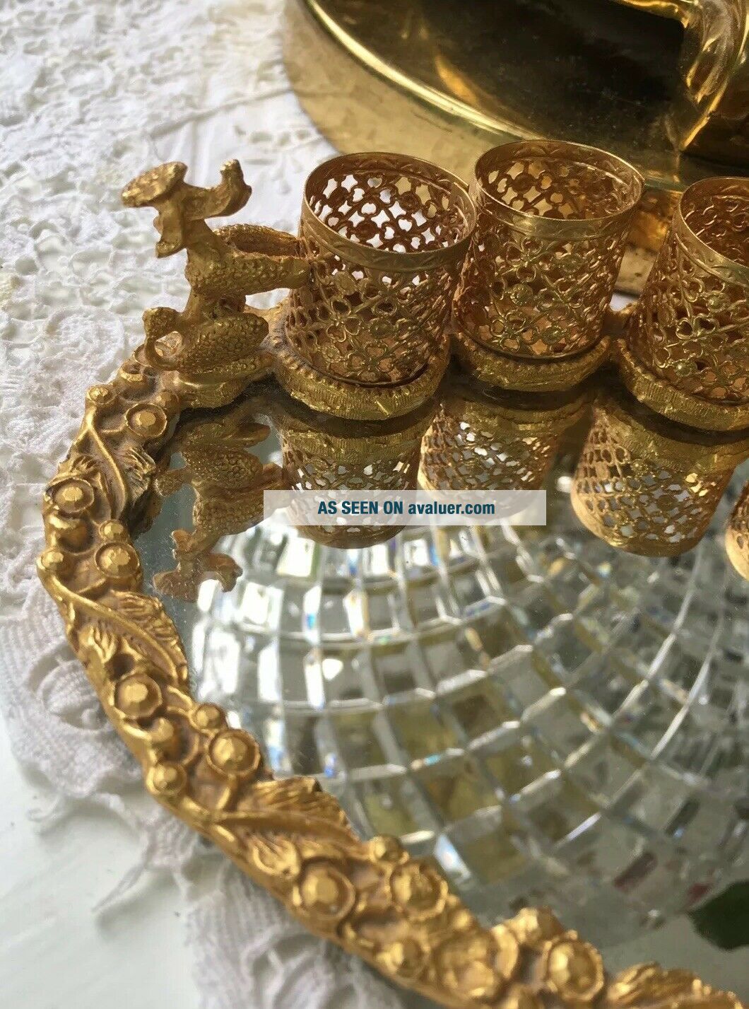 Vintage LIPSTICK HOLDER Mirror TRAY Gold Metal POODLES Filigree VANITY ...