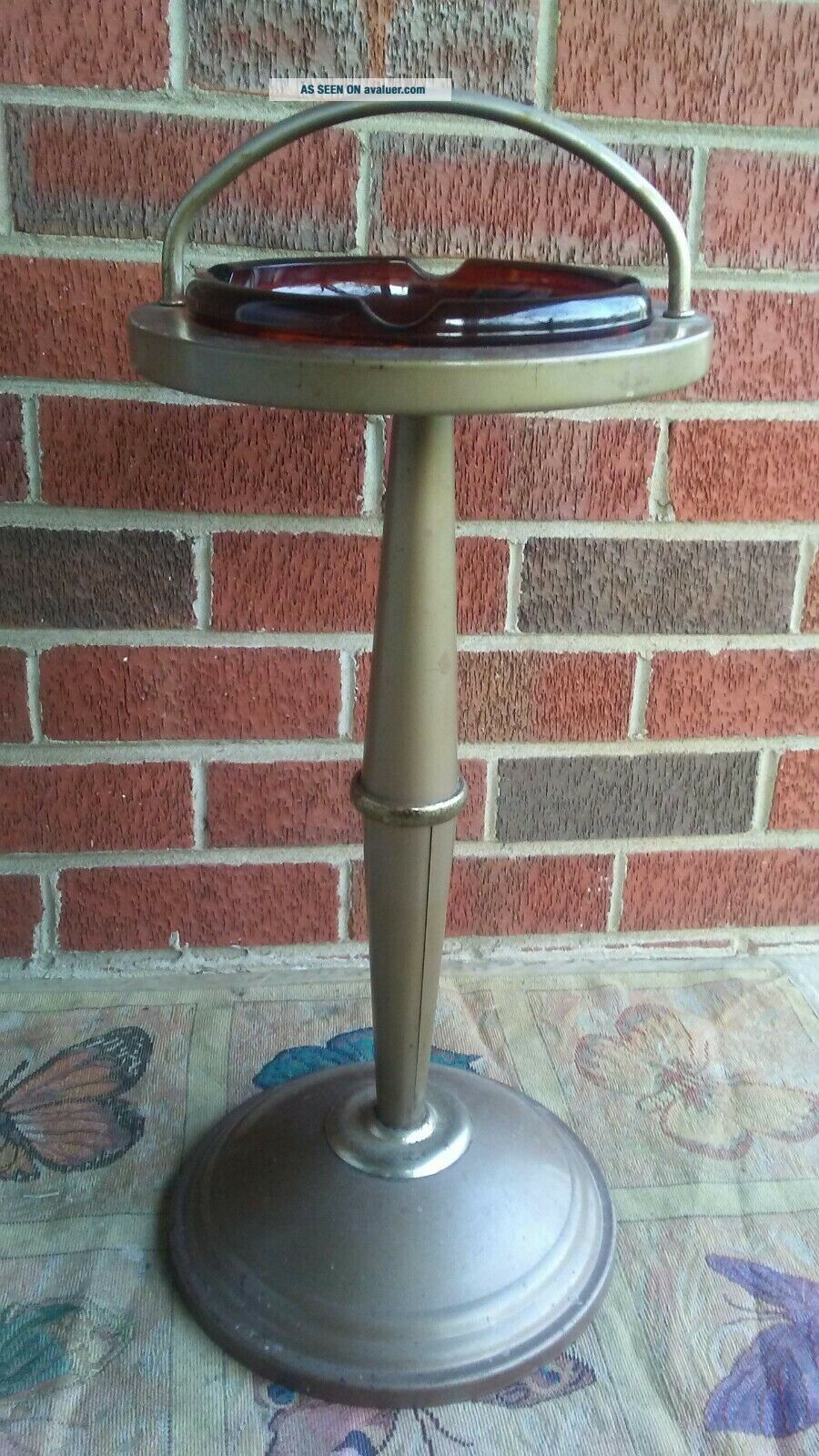 Mid Century Brass Tobacco Ashtray Floor Stand Holder With Amber Glass ...