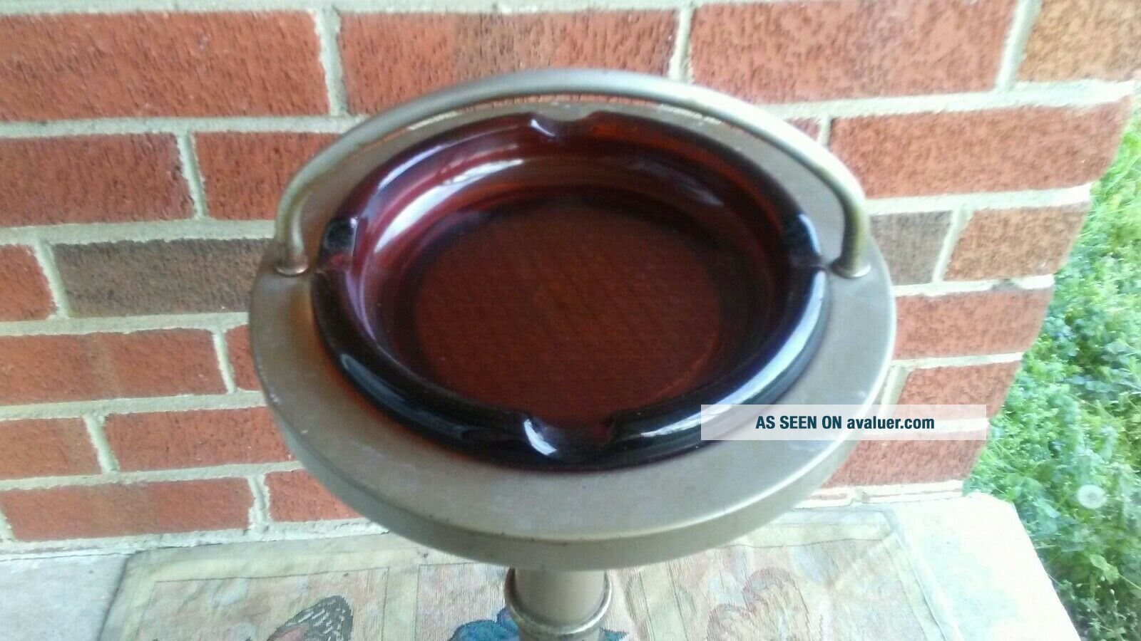 Mid Century Brass Tobacco Ashtray Floor Stand Holder With Amber Glass ...