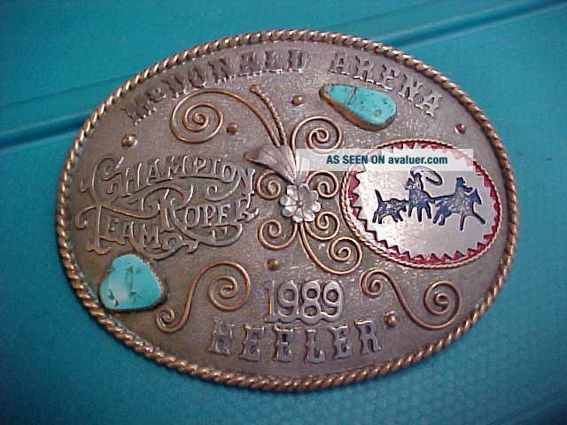 Trophy Rodeo Champion Belt Buckle Team Roper Roping Heeler 1989 ...