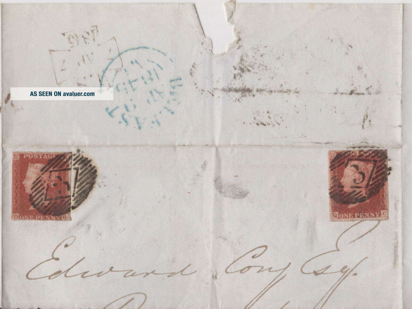 1845 LOMBARD STREET LONDON PIECE WITH 2 X 1d RED STAMPS SENT TO BELFAST ...