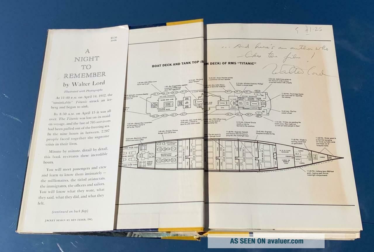 WALTER LORD SIGNED 1ST ED A NIGHT TO REMEMBER WHITE STAR LINE RMS ...