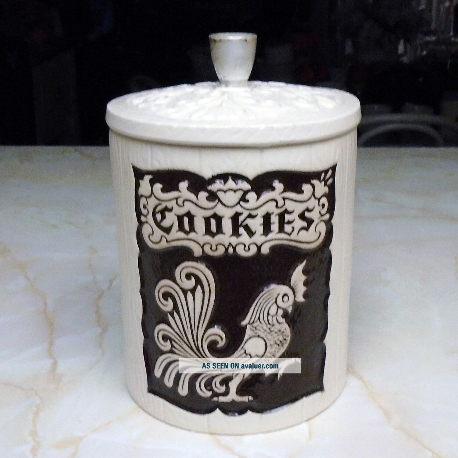 Vintage 1963 Treasure Craft Ceramic Cookie Jar In White With Rooster ...