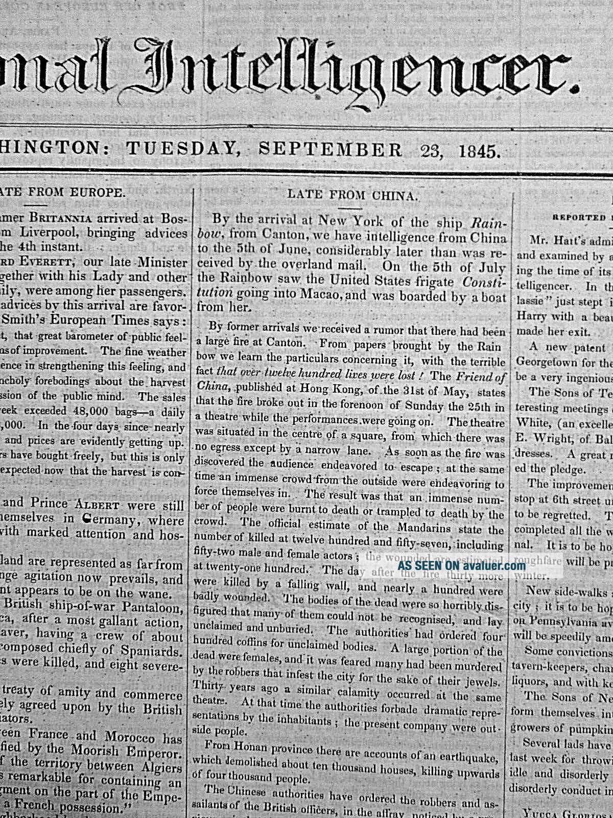 CANTON, CHINA THEATRE FIRE - GREAT LOSS OF LIFE Indepth 1845 NEWSPAPER ...
