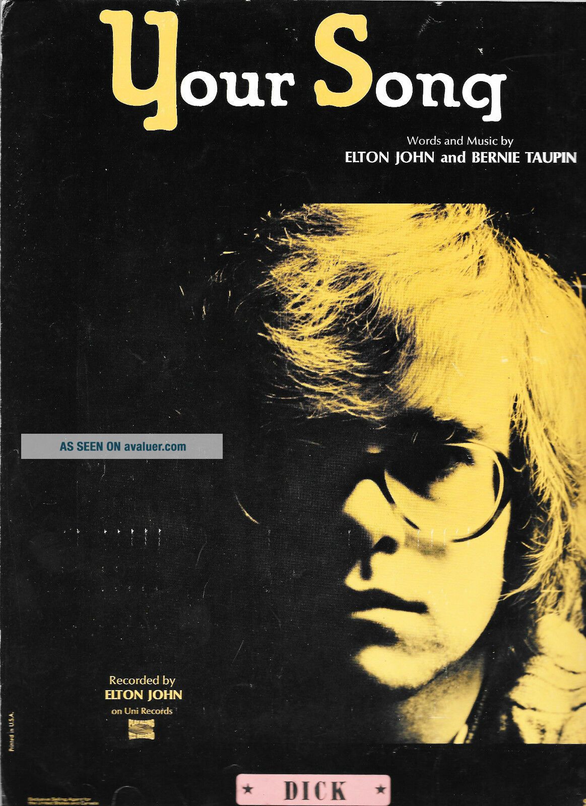 SHEET MUSIC ELTON JOHN YOUR SONG COPYRIGHT 1969 BERNIE TAUPIN WARNER ...