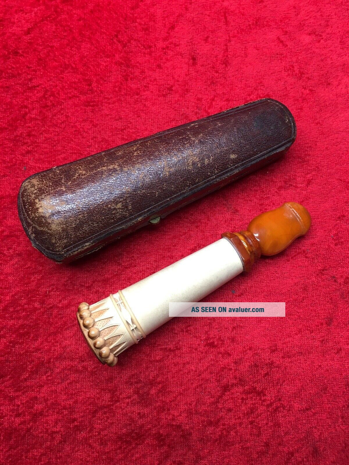 RARE ANTIQUE VICTORIAN AMBER CARVED CROWN CHEROOT TOBACCO PIPE CIGAR ...