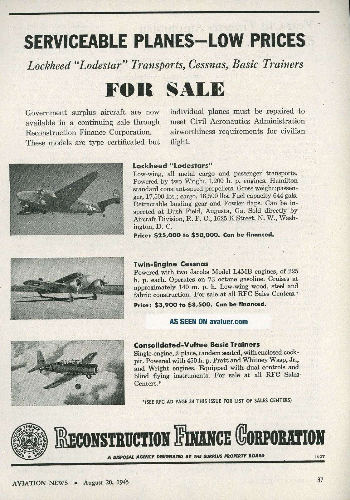 1945 War Surplus Ad Airplanes Lockheed Lodestars Cessna Convair Trainer ...