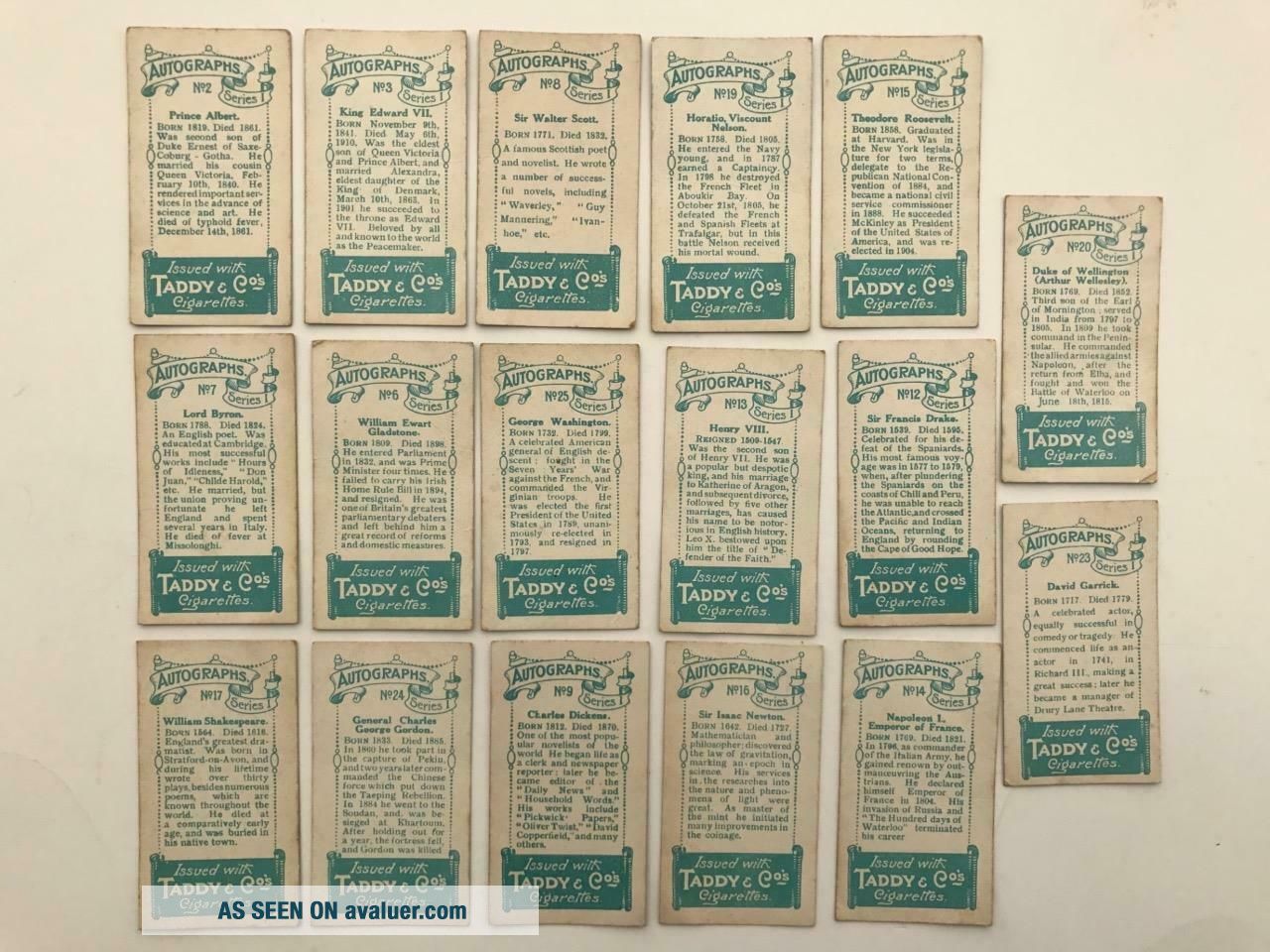 Cigarette Cards Taddy & Co Autographs (17 Cards) | #4567788