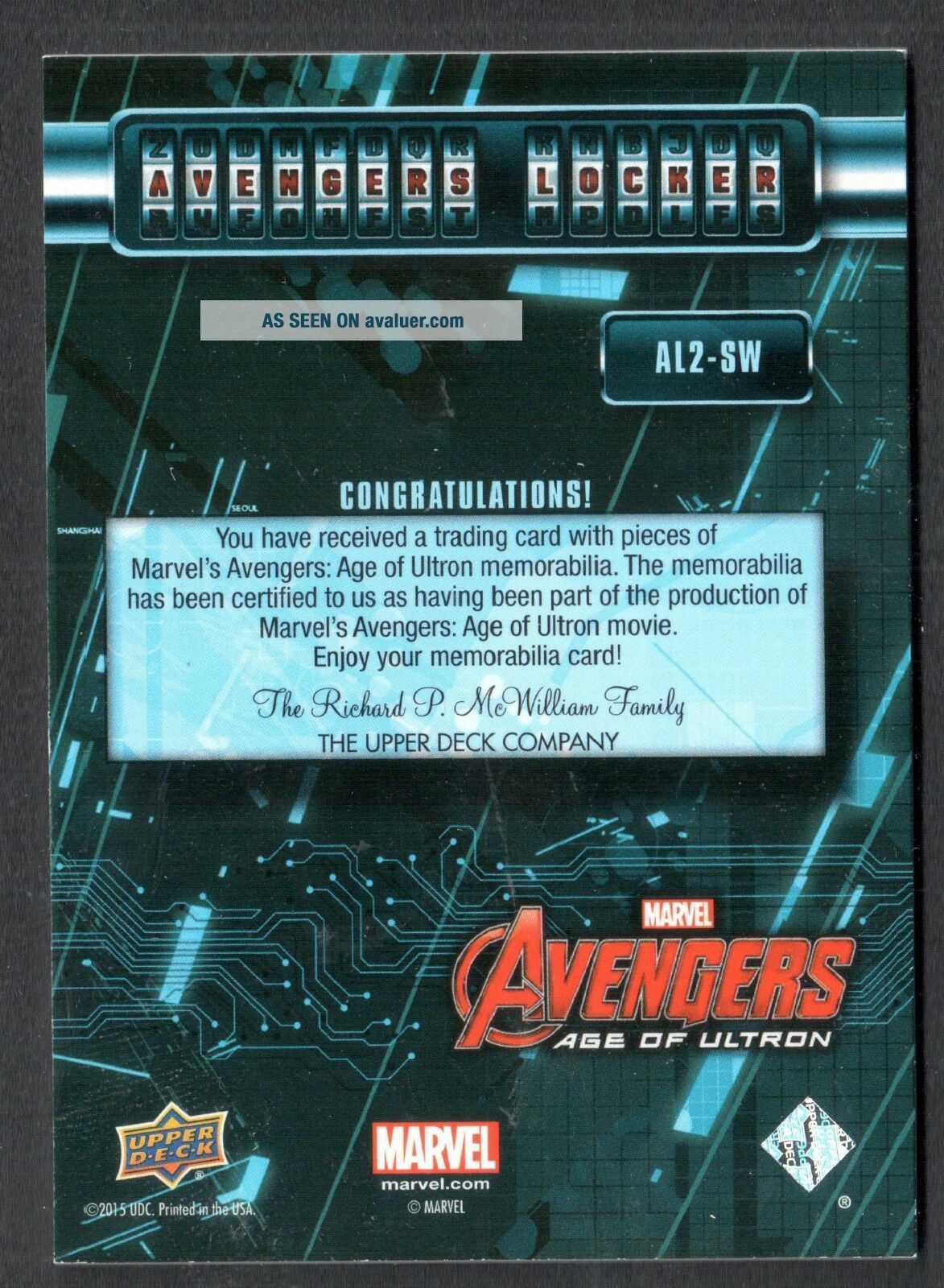 MARVEL AVENGERS AGE OF ULTRON Upper Deck Dual Costume LOCKER Card AL2 ...