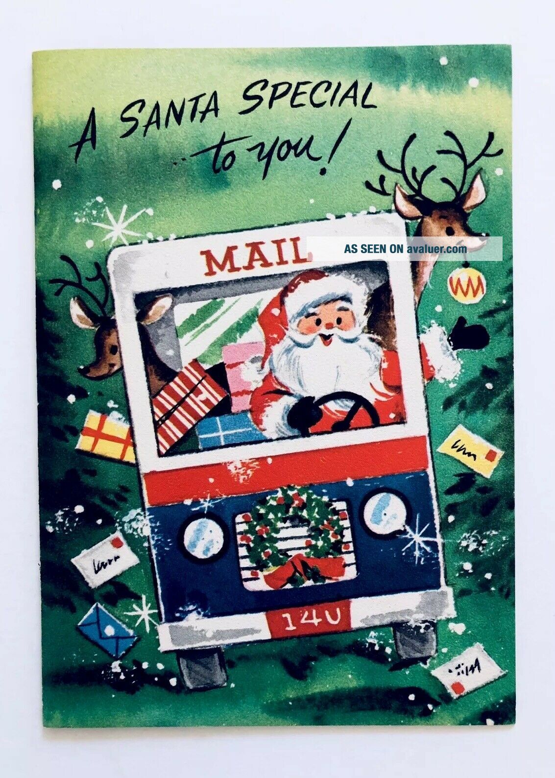 Vintage Christmas Card Santa Mailman Truck Reindeer Present Ornament ...
