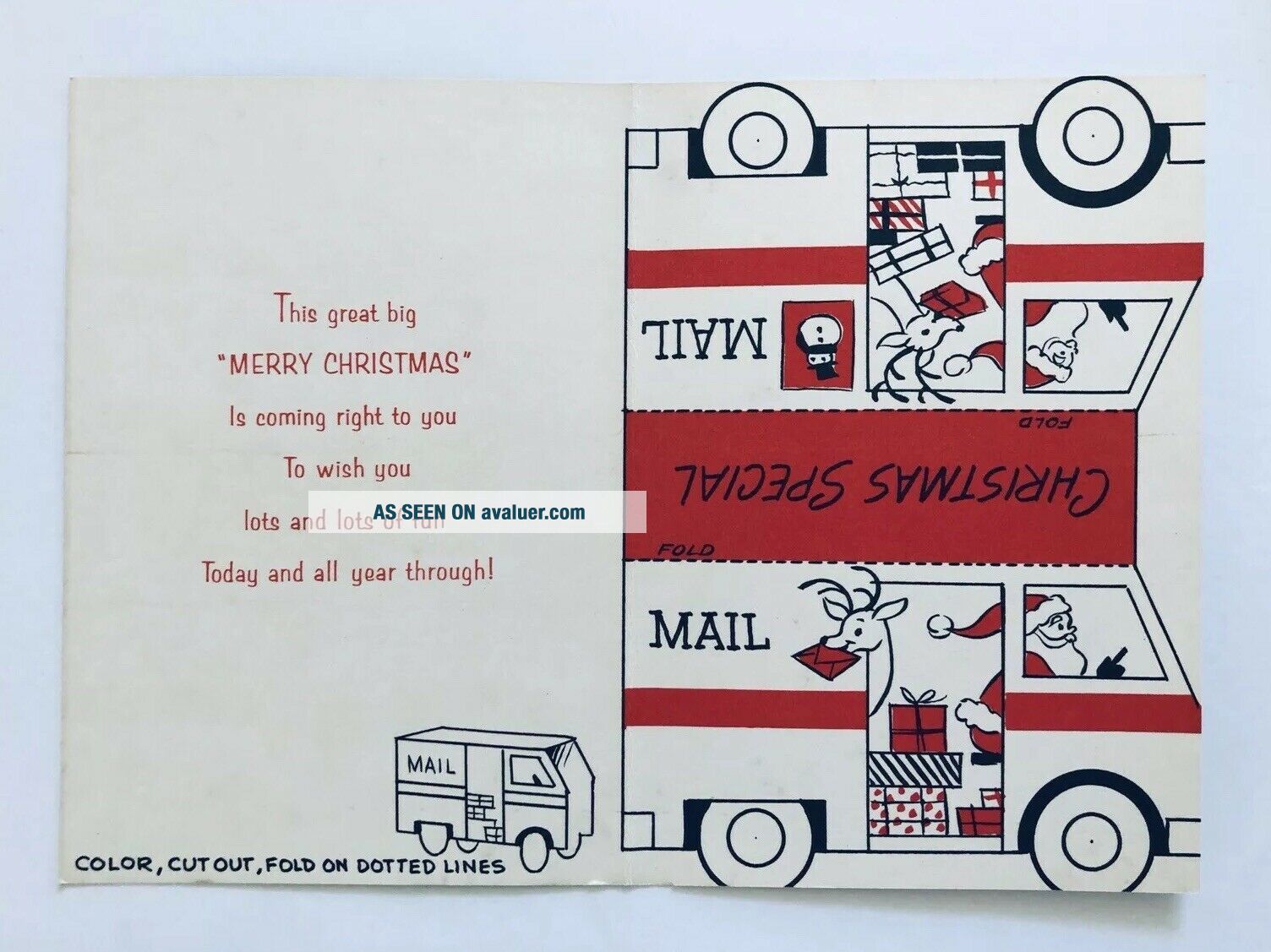 Vintage Christmas Card Santa Mailman Truck Reindeer Present Ornament ...