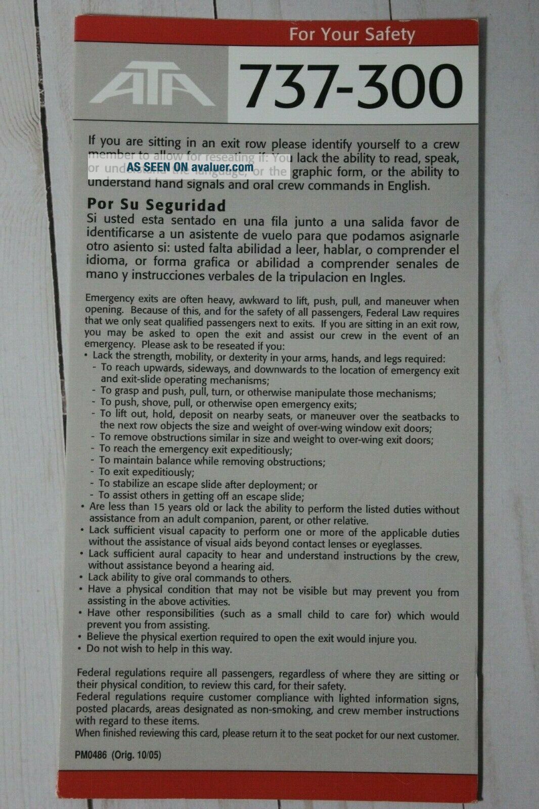 ATA American Trans Air Boeing 737 - 300 Safety Card - 10/05 | #4550037