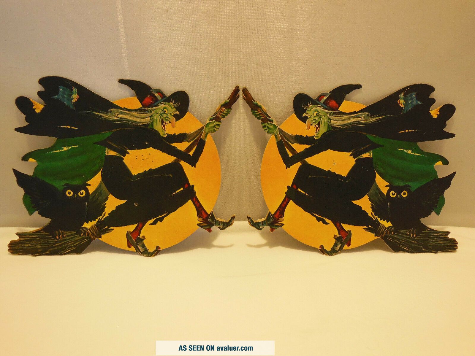VINTAGE PAIR HALLOWEEN PAPER DECORATION WITCH ON BROOM W/ OWL FLYING ...