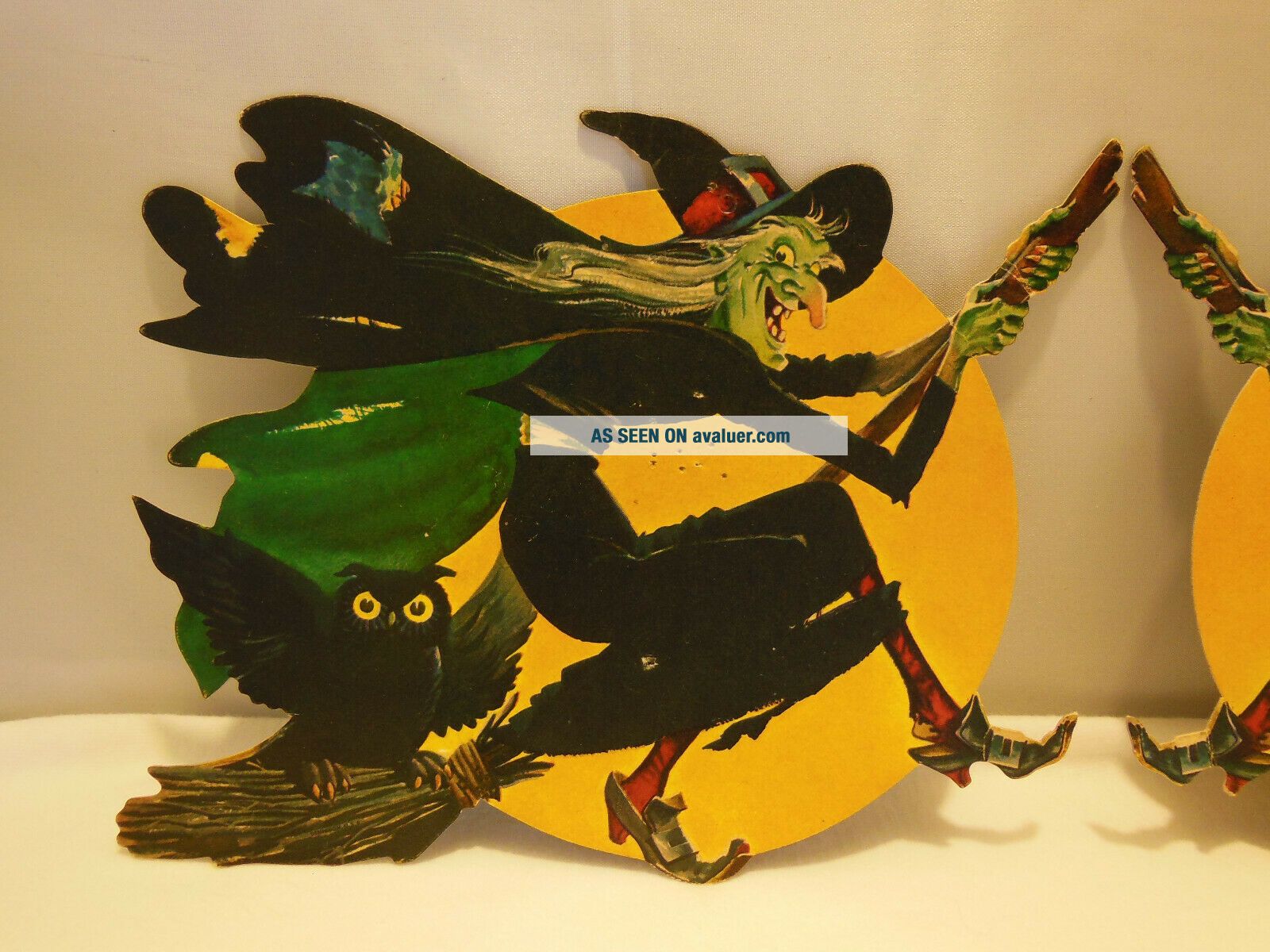 VINTAGE PAIR HALLOWEEN PAPER DECORATION WITCH ON BROOM W/ OWL FLYING ...