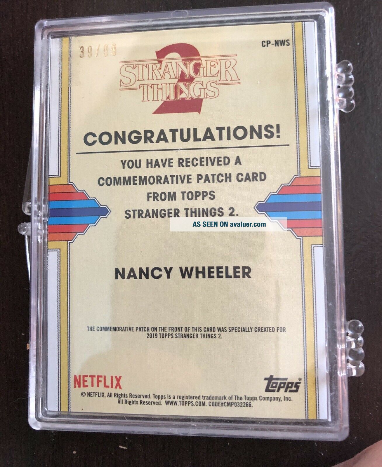 Stranger Things Season 2 Nancy Wheeler Commemorative Patch Card ...