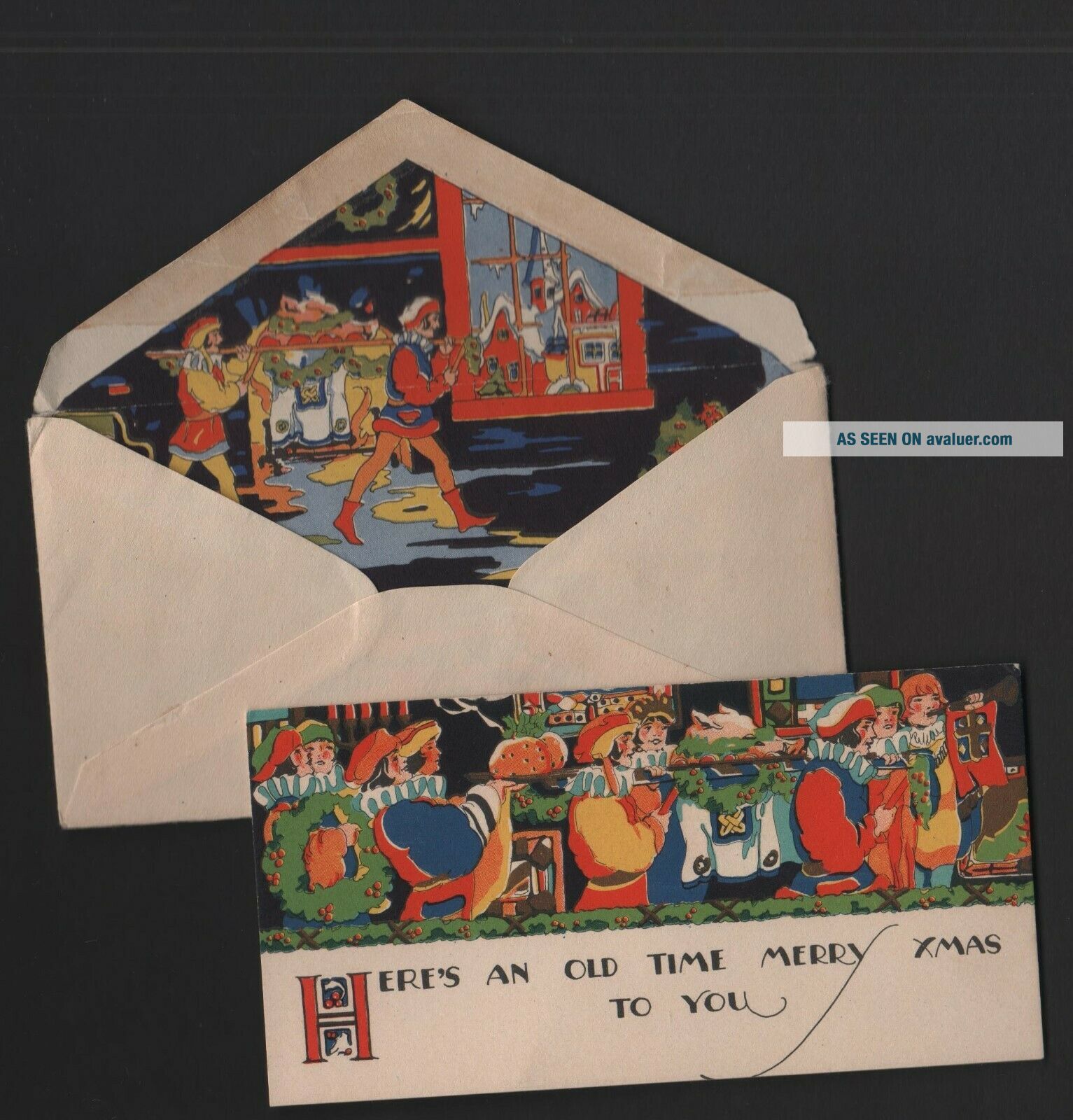 Vtg Art Deco 1920s Greeting Christmas Card OLD TIME Colonial Festival ...