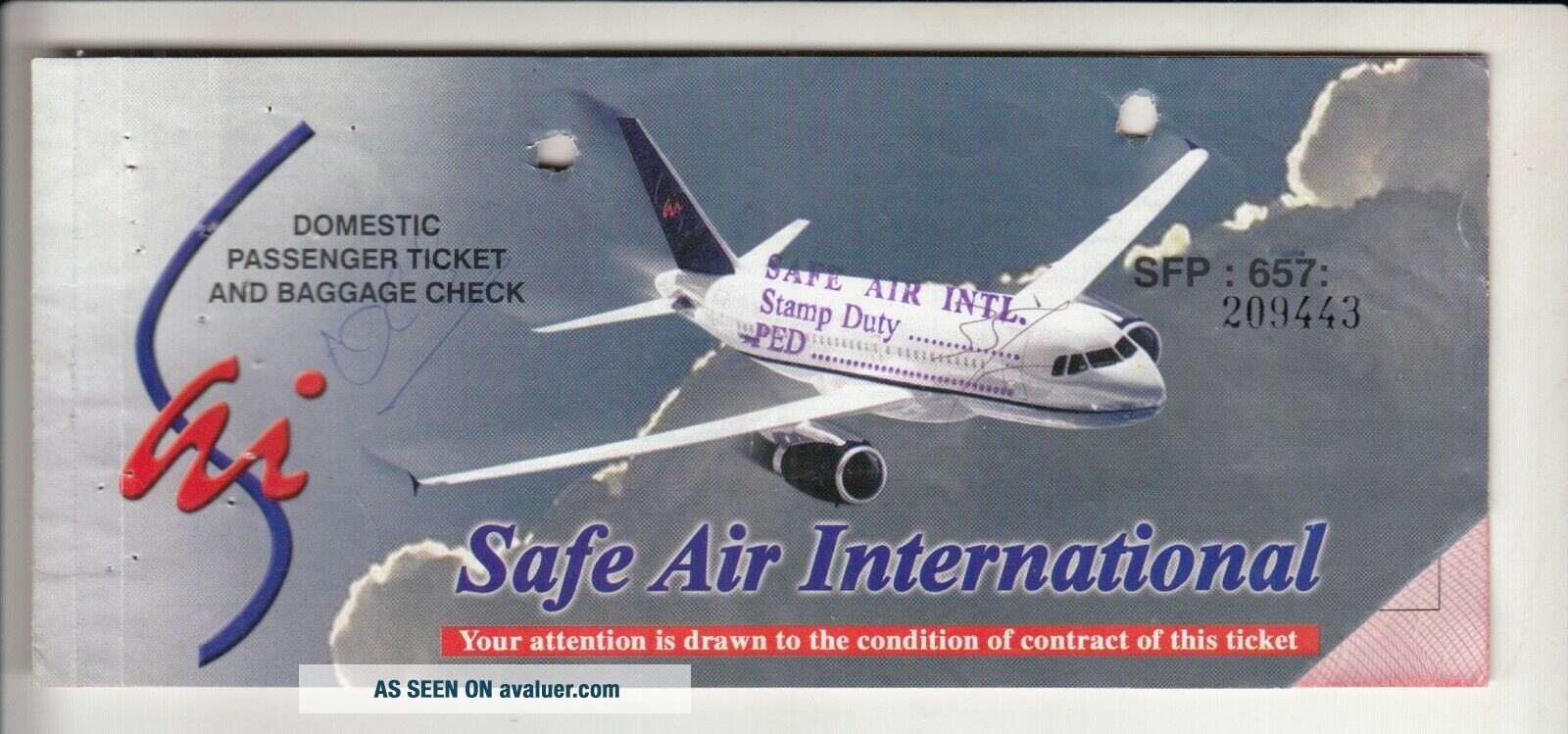 2000 SAFE AIRLINES PASSENGER TICKET WITH RS 35 REVENUE STAMP DUTY TAX ...