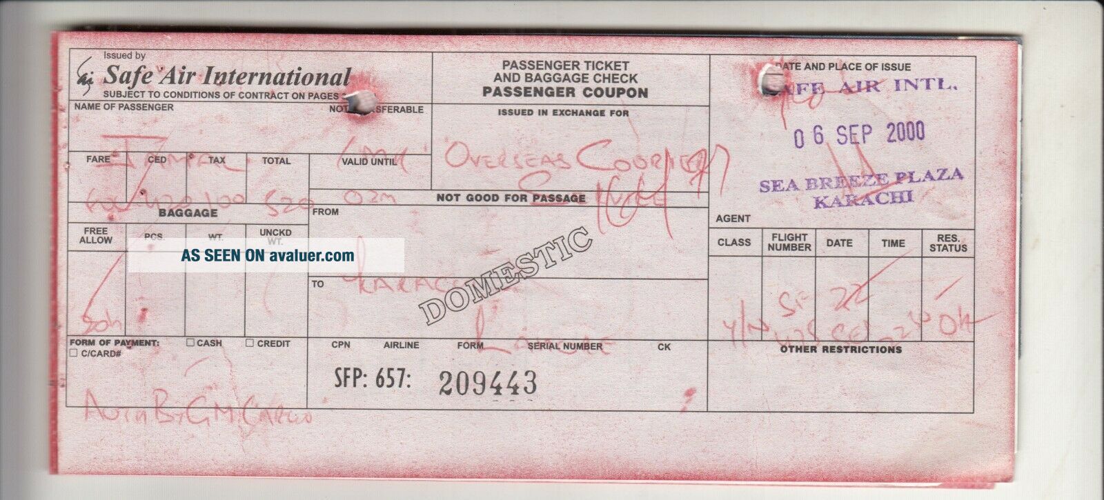 2000 SAFE AIRLINES PASSENGER TICKET WITH RS 35 REVENUE STAMP DUTY TAX ...