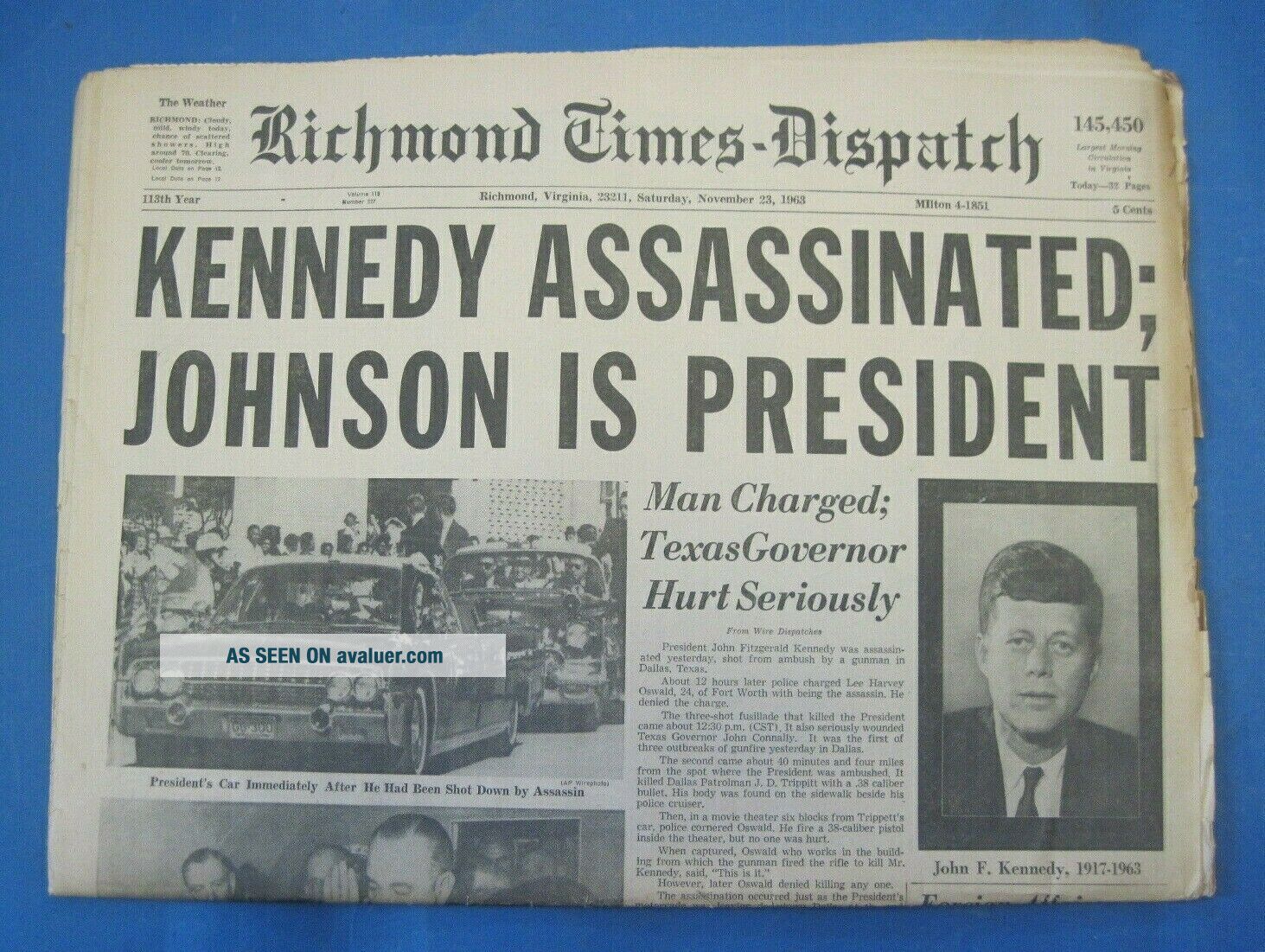 John Kennedy Assassination Richmond Time Dispatch Newspaper Complete ...