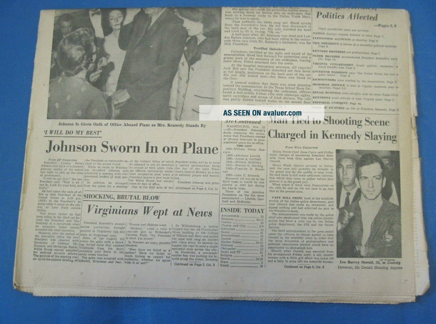 John Kennedy Assassination Richmond Time Dispatch Newspaper Complete ...