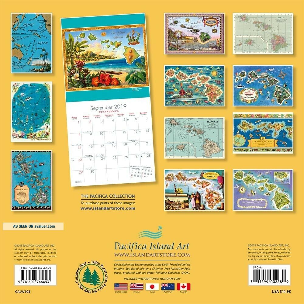 2019 Hawaii Vintage Maps Wall Calendar, By Pacifica Island Art | #4915266