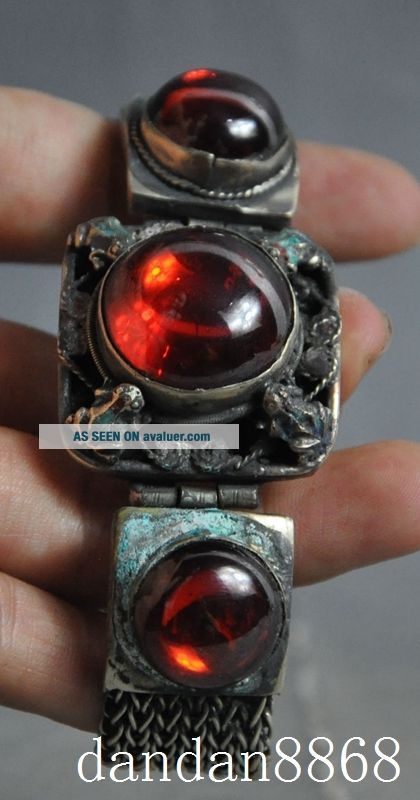 Old Chinese Hand - Carved Tibetan Silver Mosaic Zircon Ruby Lucky Frogs ...