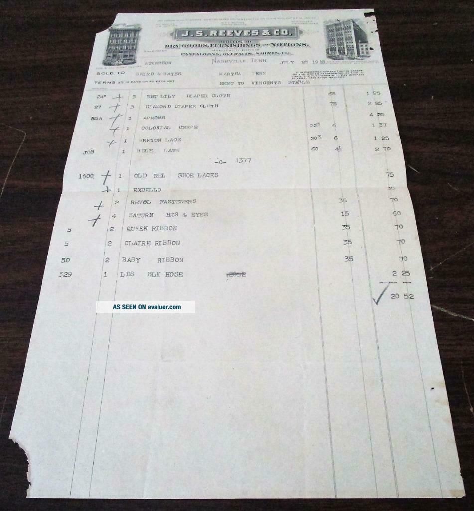 1915 J. S. REEVES & CO DRY GOODS NOTIONS STORE RECEIPT INVOICE ...