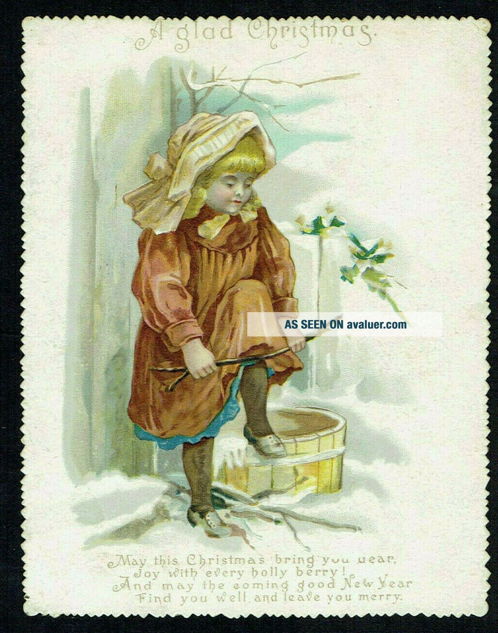 VICTORIAN CHRISTMAS GREETINGS CARD GIRL BREAKING STICKS WITH HER KNEE ...
