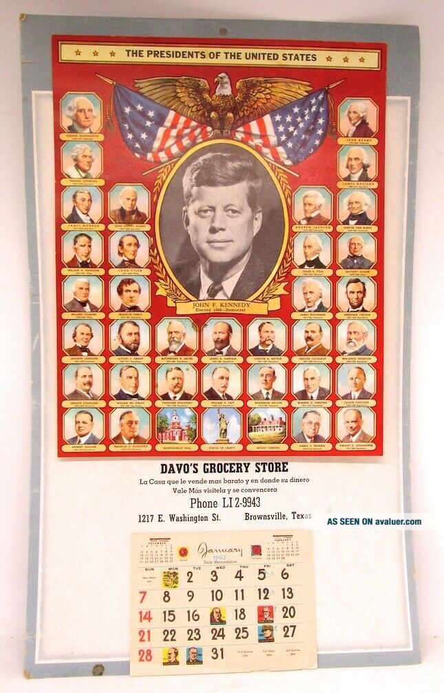 JFK Kennedy 1962 Presidents Of The United States Calendar From ...