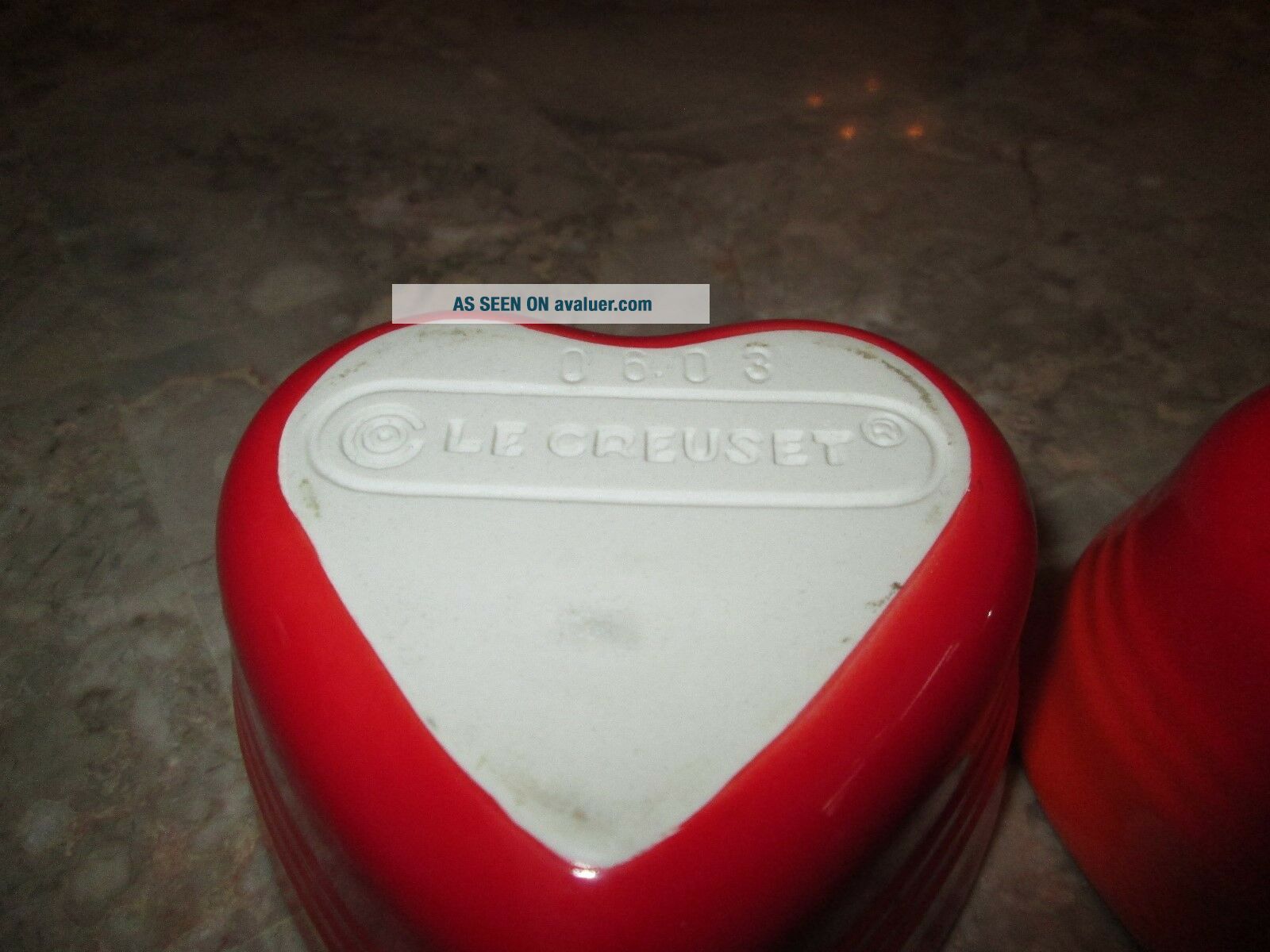 SET OF 2 HEART SHAPED LE CREUSET FRANCE RAMEKIN PEACH RED FLAME | #5129926