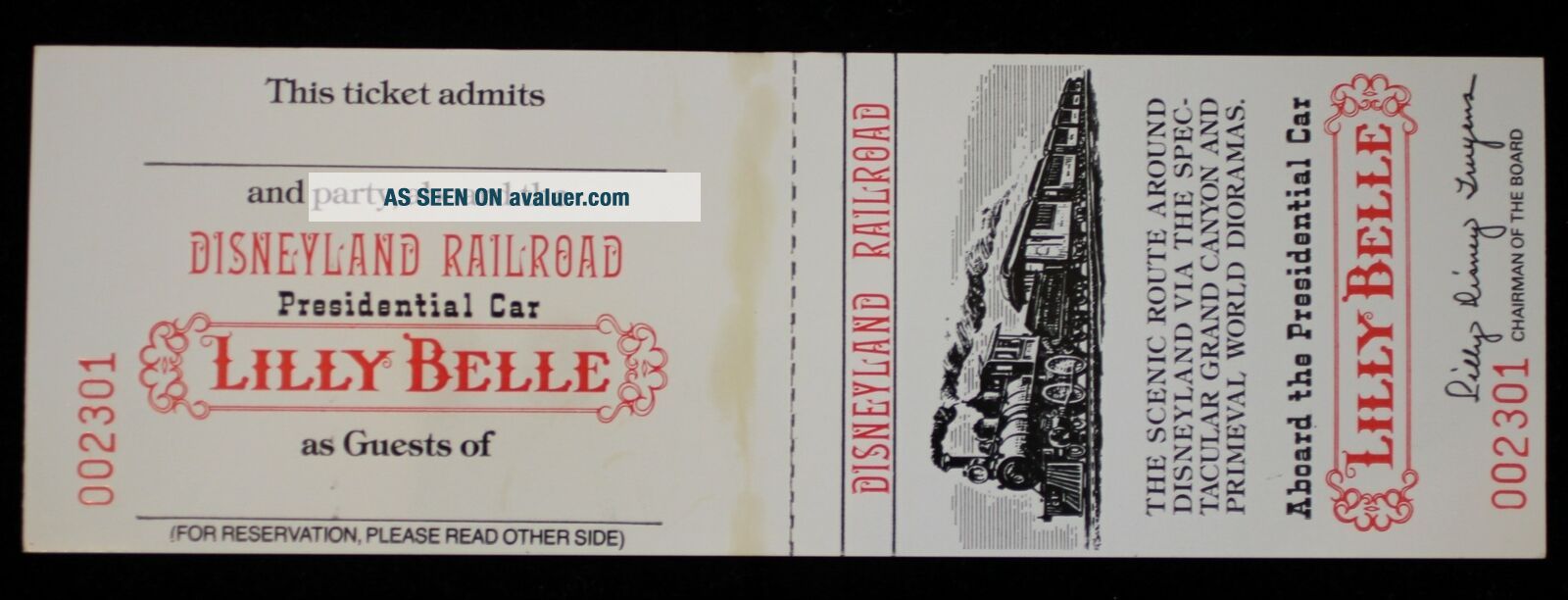 Disneyland 1976 Lilly Belle TICKET Mrs. Lillian Disney Presidential Car ...