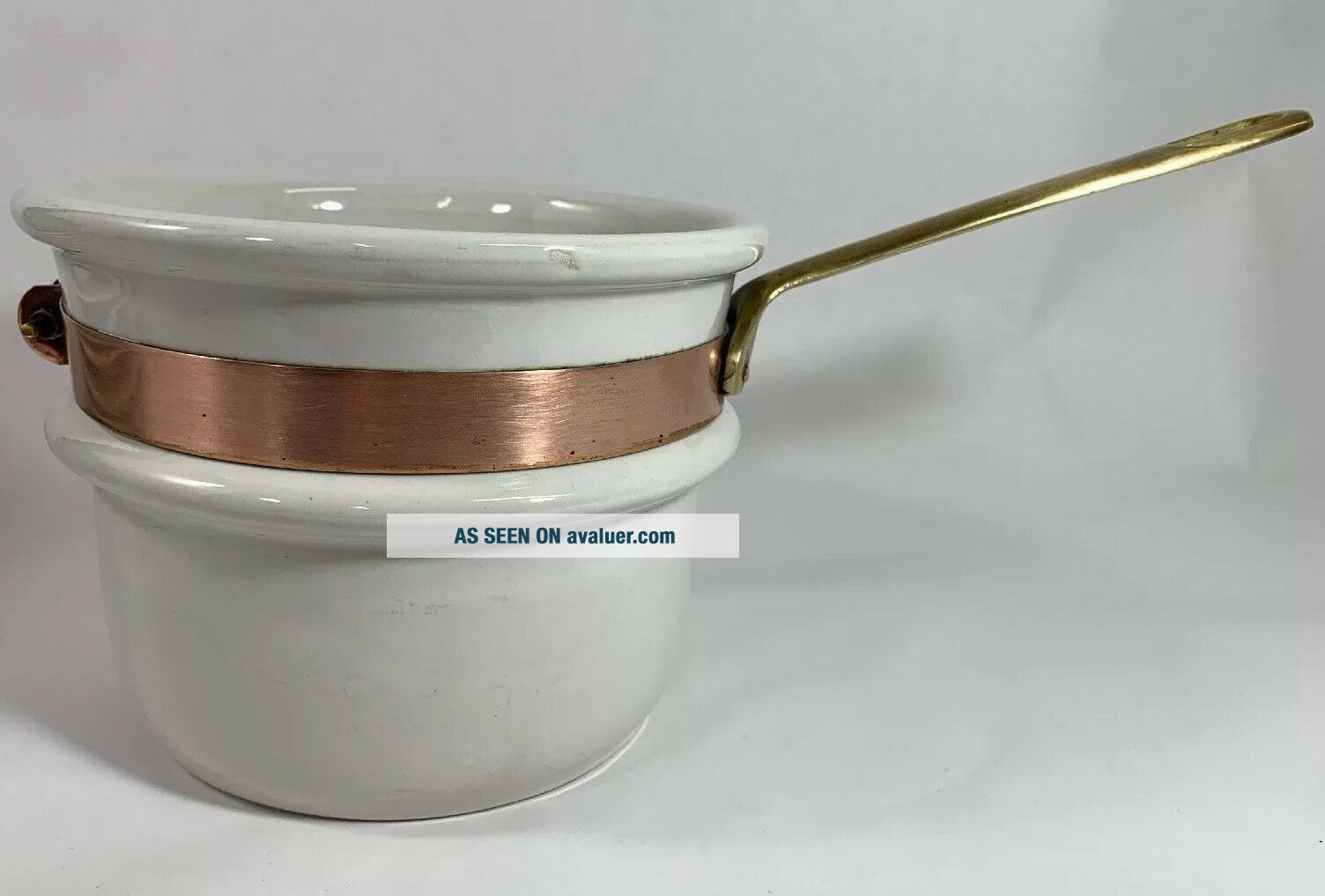 White Porcelain Double Boiler Bain Marie Insert Brass Handle Copper ...