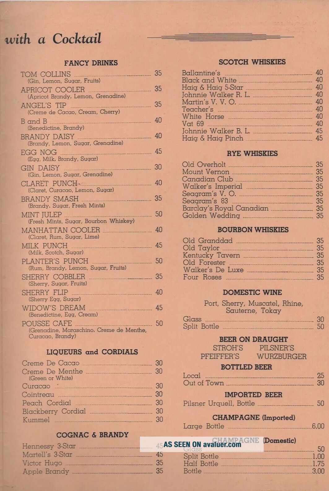 1940’s Fischer’s Casino Detroit, MI Wines And Liquors Menu | #4982520