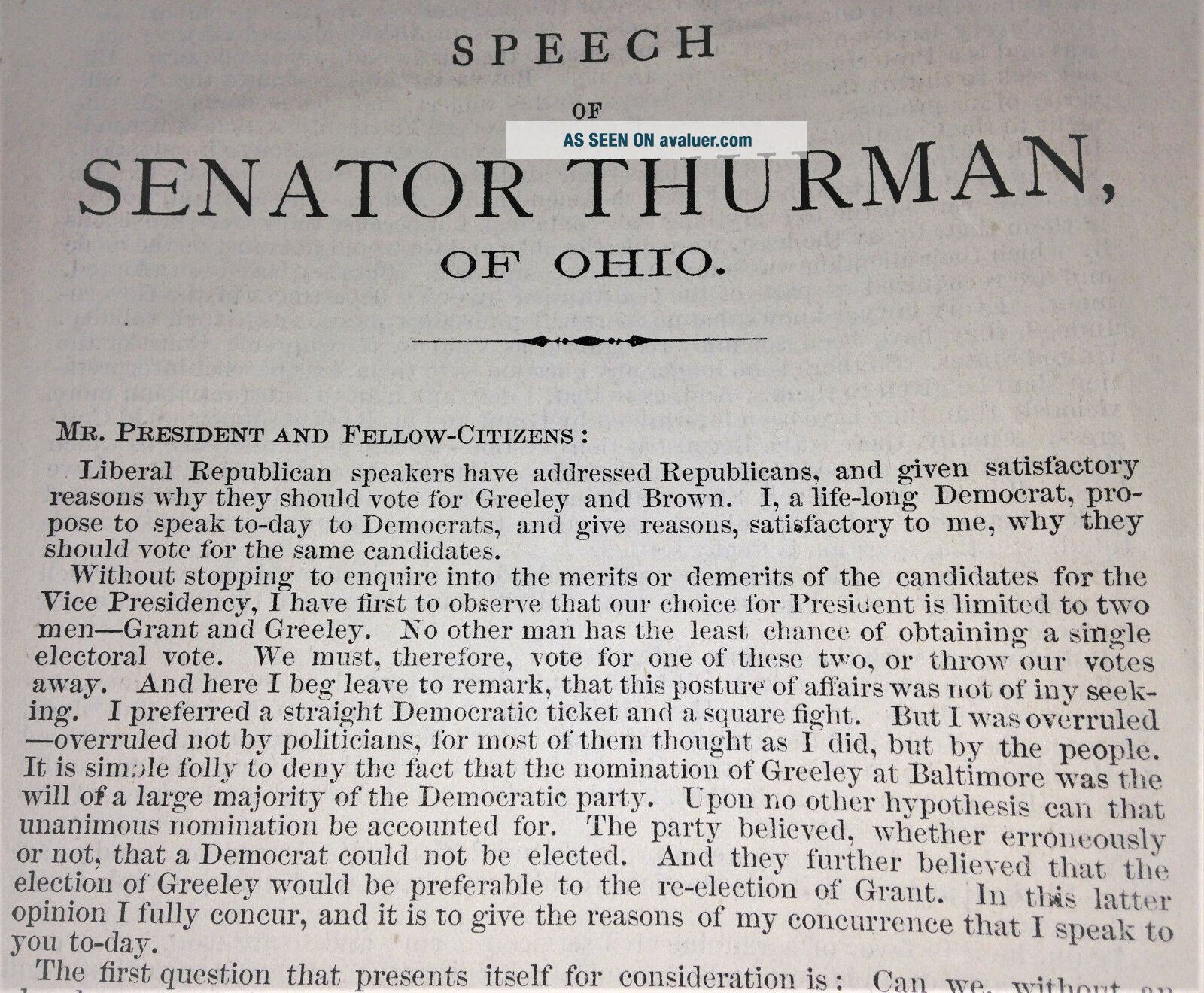 Speech Of Senator Thurman; Why Democrats Should Vote For Horace Greeley ...