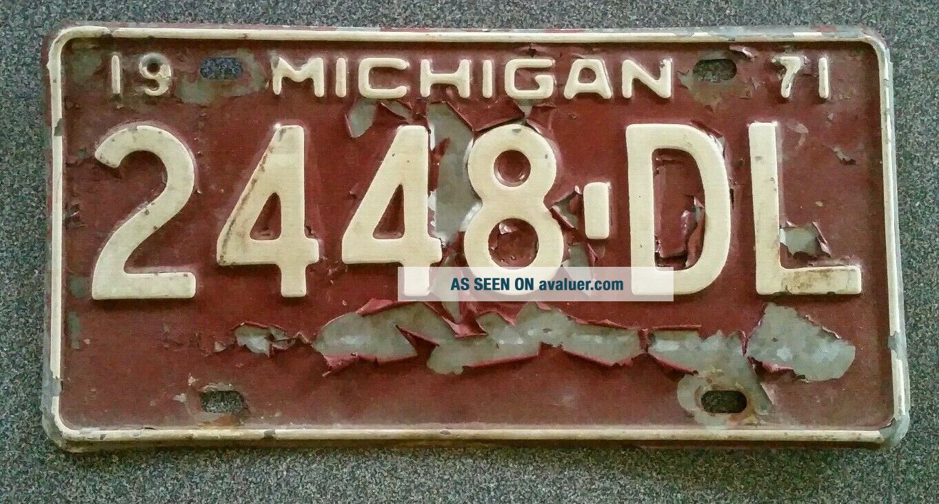 Vintage 1971 Michigan White On Red License Plate 2448 DL | #5047210