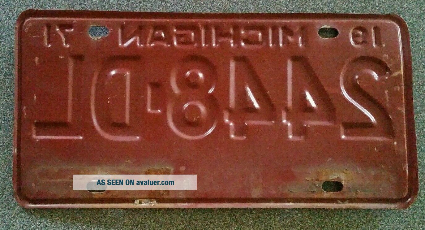 Vintage 1971 Michigan White On Red License Plate 2448 DL | #5047210