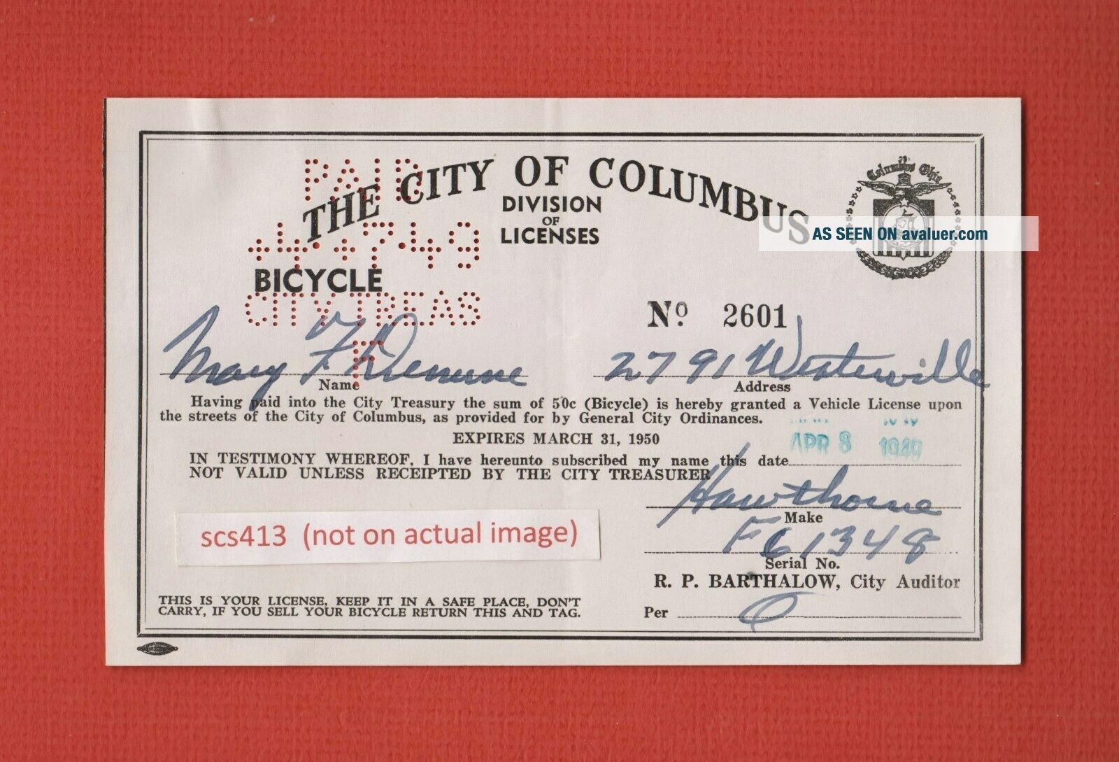Rare 1949 COLUMBUS Ohio BICYCLE LICENSE Not Plate | #5099356