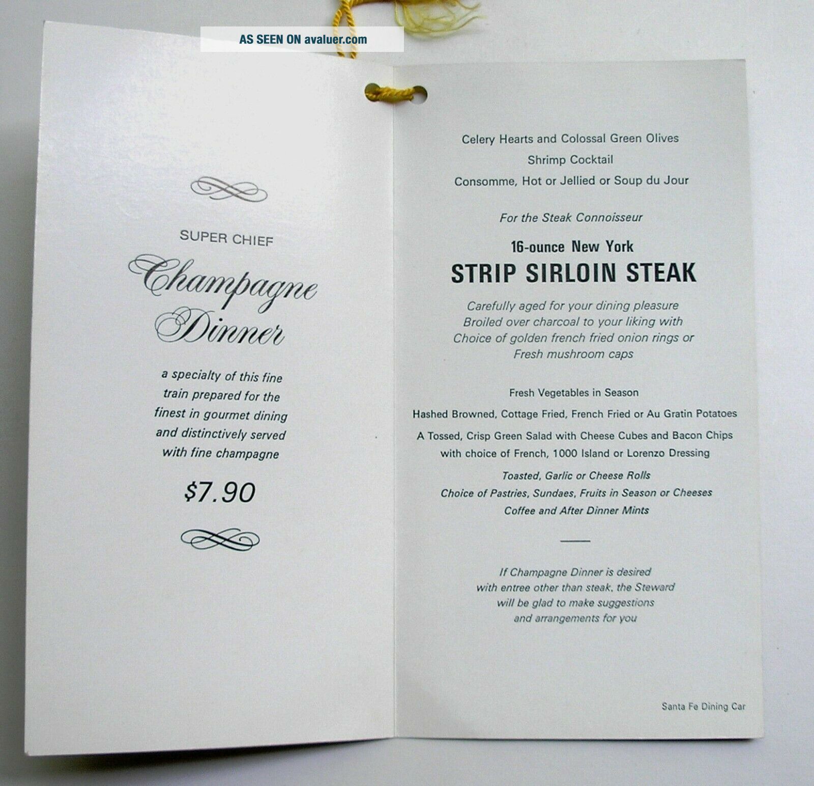 Santa Fe Chief Gold Tone Champagne Dinner Menu | #5203266