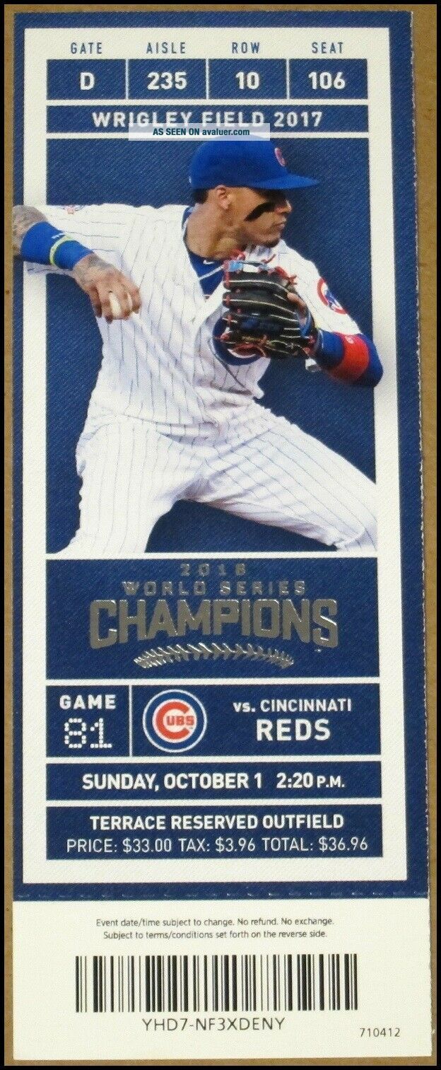 10/1/2017 Chicago Cubs Vs Cincinnati Reds Ticket Javier Baez Albert ...