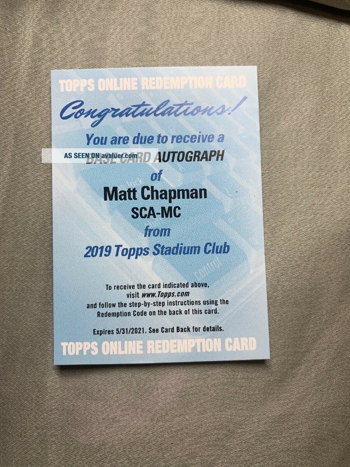 Matt Chapman 2019 Topps Stadium Club Autograph Redemption Oakland MLB ...