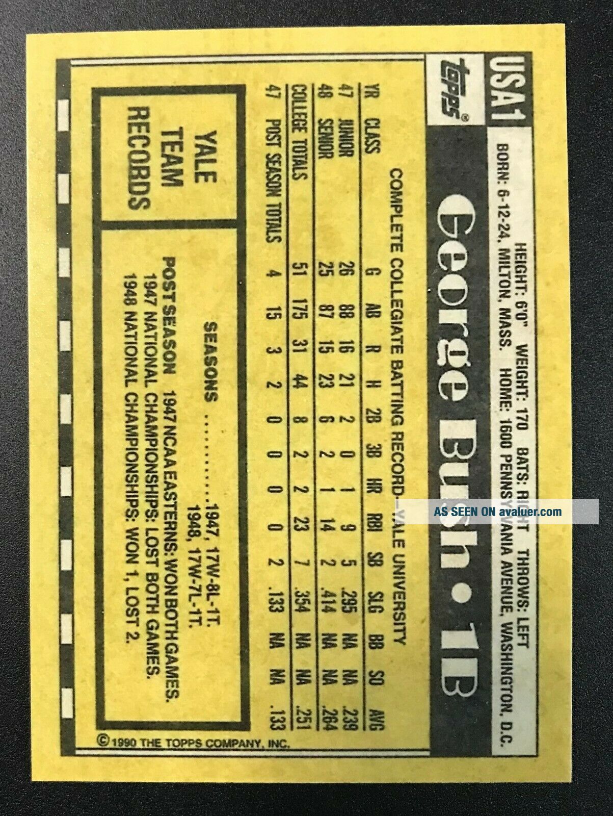 REPRINT 1990 Topps Baseball USA1 President George Bush Yale University ...