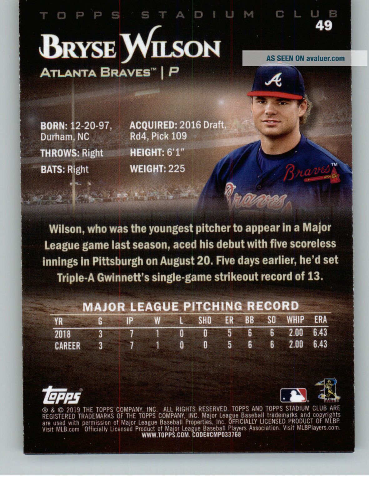 BRYSE WILSON 2019 TOPPS STADIUM CLUB RED FOIL ROOKIE RC 49 ATLANTA ...